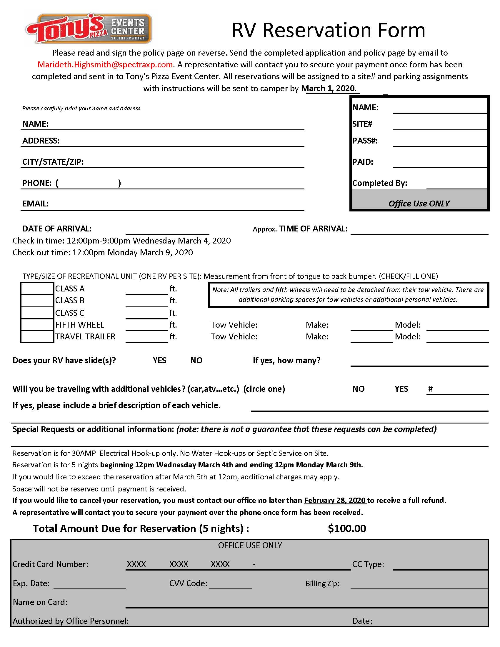 Equifest RV Reservation Form | Tony's Pizza Events Center