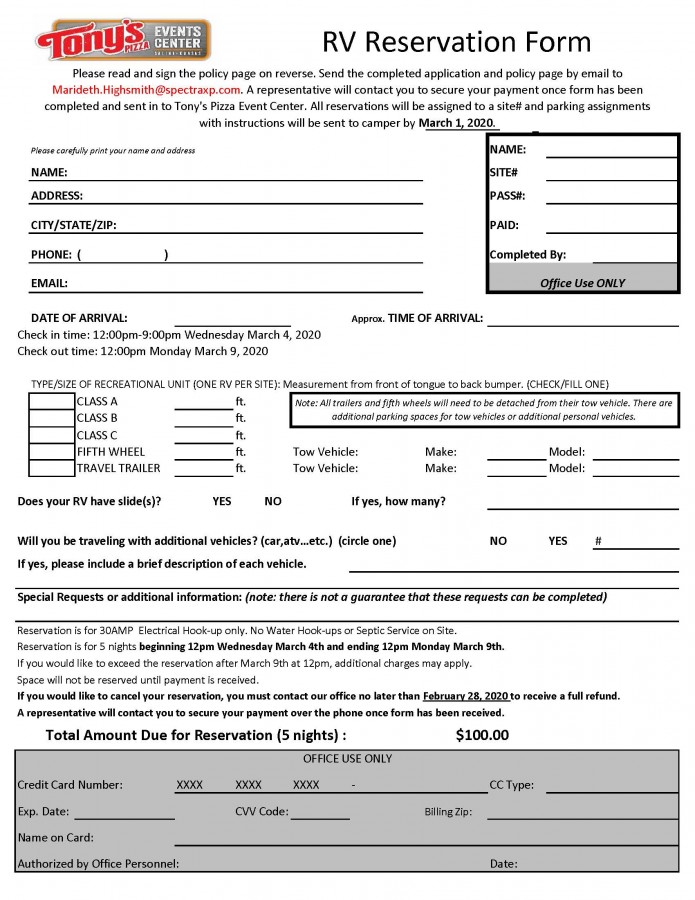 Equifest RV Reservation Form | Tony's Pizza Events Center